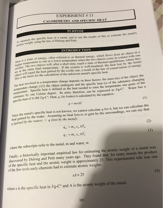 Solved EXPERIMENT # 11 CALORIMETRY AND SPECIFIC HEAT PURPOSE | Chegg.com