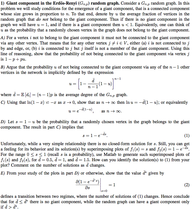 Giant component in the Erdos-Renyi (G_n, p) random | Chegg.com