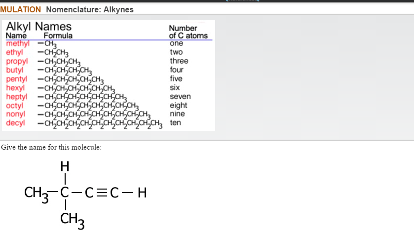 Solved MULATION Nomenclature: Alkynes Alkyl Names Number of | Chegg.com Solved MULATION Nomenclature: Alkynes Alkyl Names Number of | Chegg.com