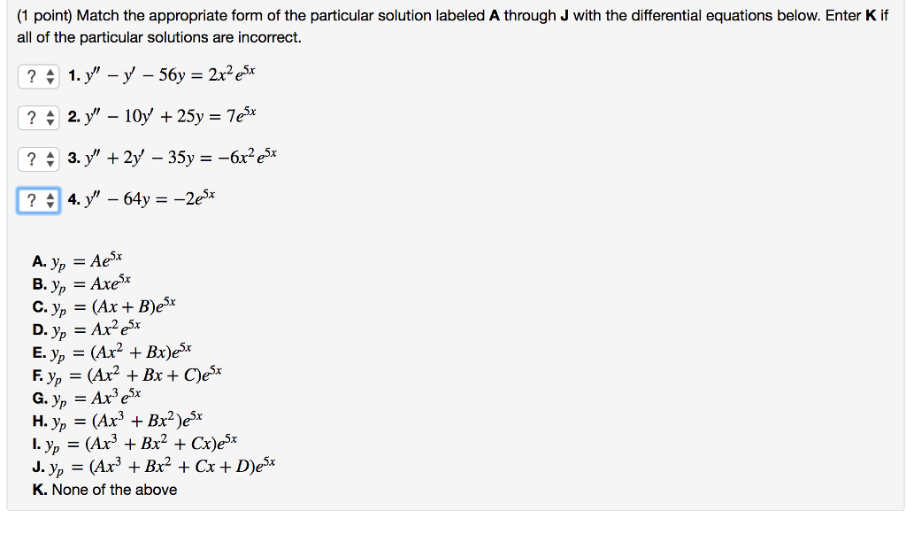Solved Match the appropriate form of the particular solution | Chegg.com