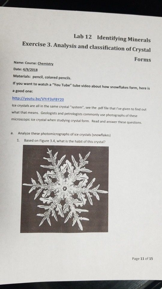 Lab 12 Identifying Minerals Exercise 3. Analysis and | Chegg.com