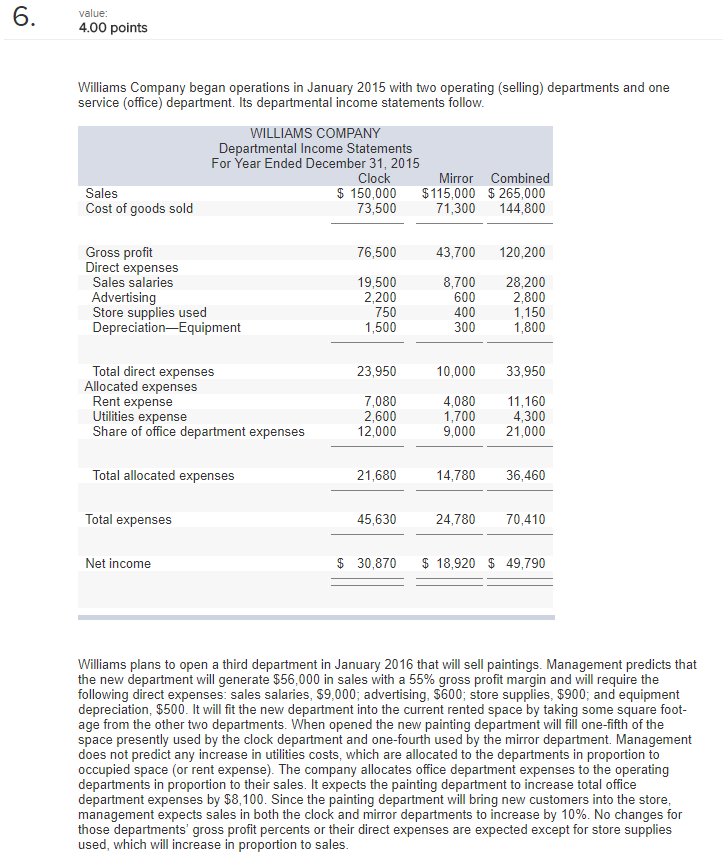 Solved 6. 400 points value Williams Company began operations | Chegg.com
