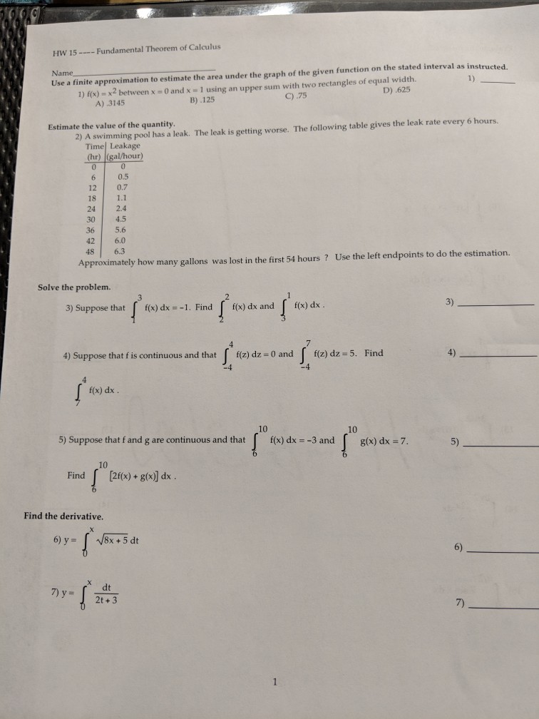 Solved HW 15 -Fundamental Theorem of Calculus Name Use a | Chegg.com