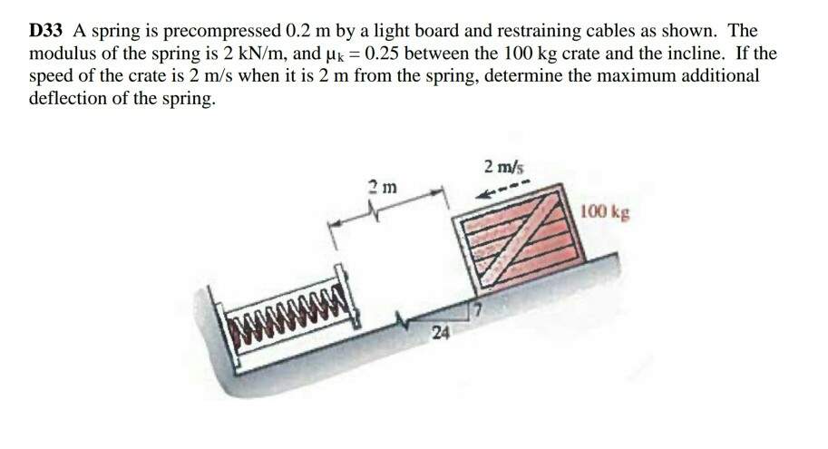 Solved D33 A spring is precompressed 0.2 m by a light board | Chegg.com