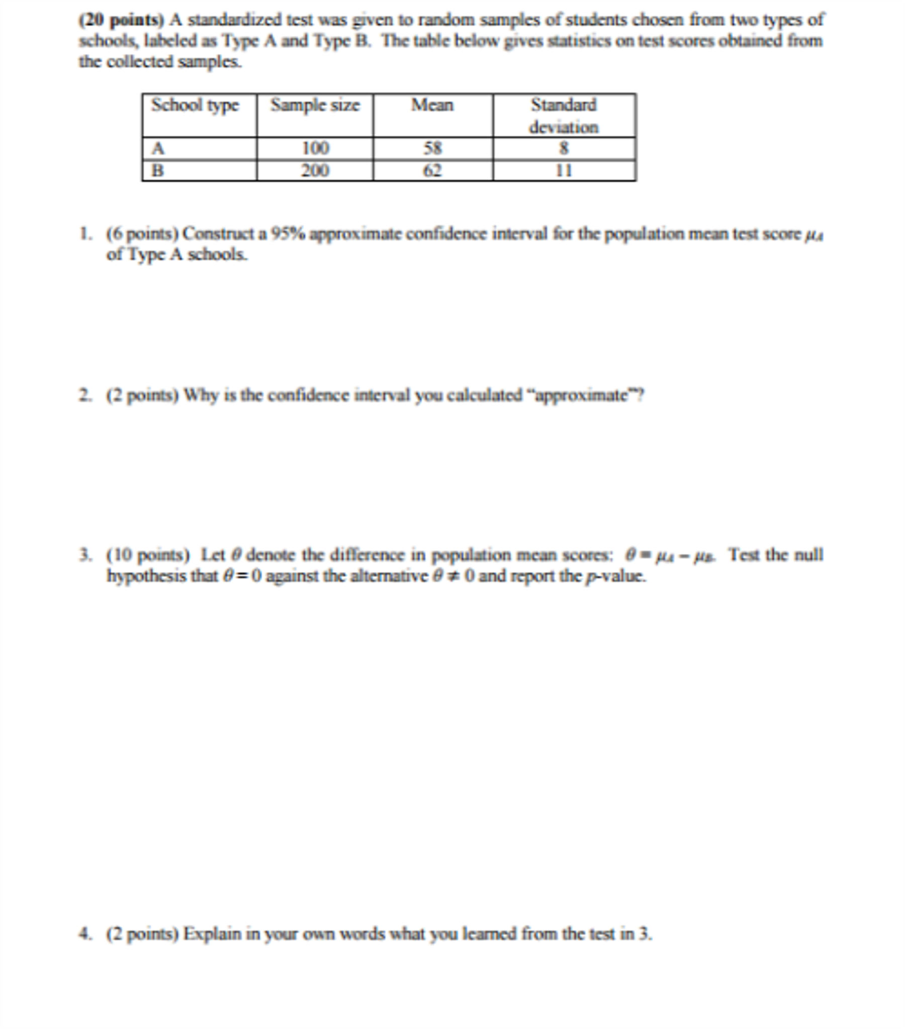 Solved A standardized test was given to random samples of | Chegg.com