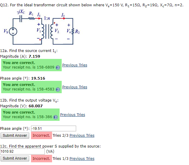 Solved Q12. For the ideal transformer circuit shown below | Chegg.com