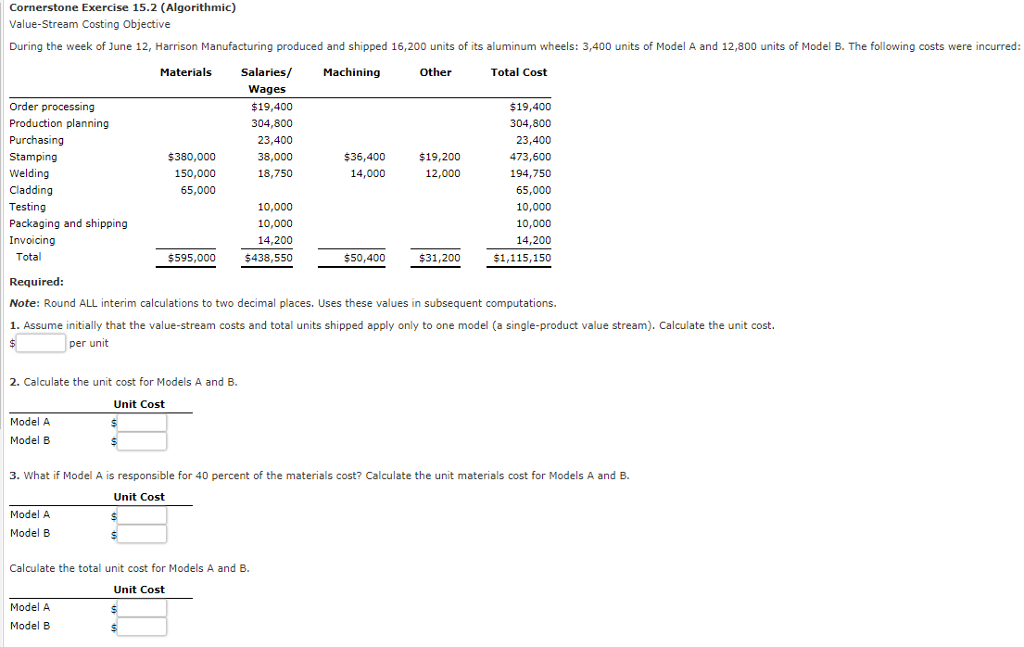Solved Cornerstone Exercise 15.2 (Algorithmic) Value-Stream | Chegg.com