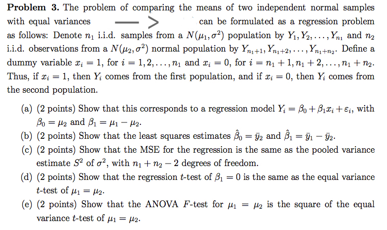 The problem of comparing the means of two independent | Chegg.com