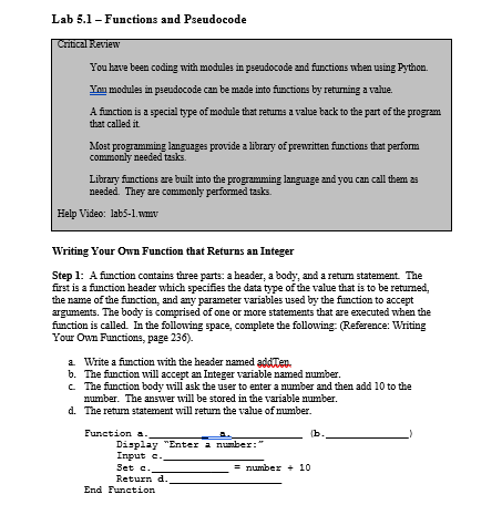 Solved Lab 5.1- Functions and Pseudocode Yoa bave been | Chegg.com