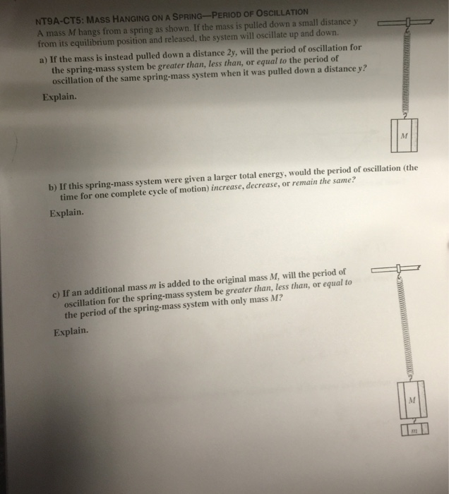 Solved A mass M hangs from a spring as shown If the mass | Chegg.com