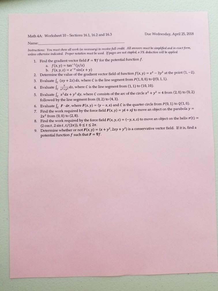 Solved Due Wednesday, April 25, 2018 Math 4A: Worksheet 10- | Chegg.com