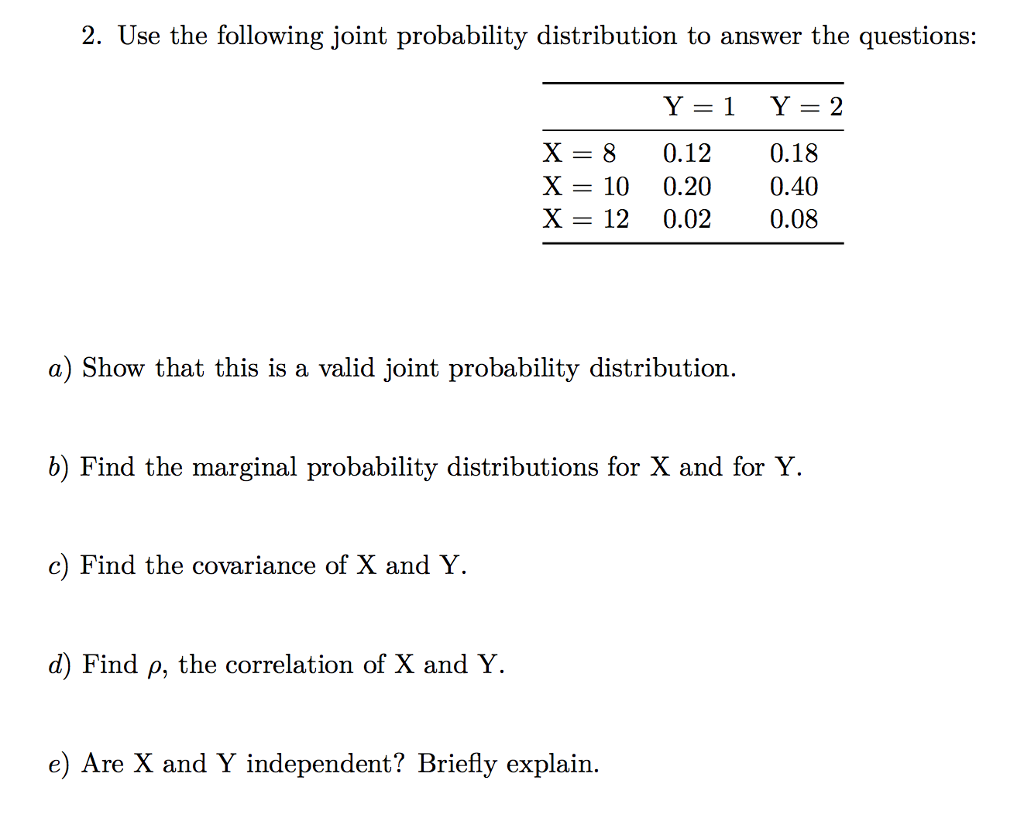 Solved 2. Use the following joint probability distribution | Chegg.com