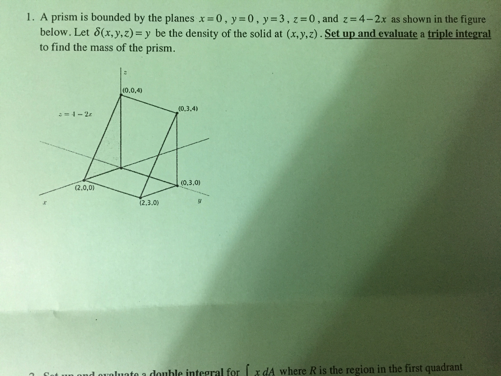 Solved A prism is bounded by the planes x = 0, y = 0, y = 3, | Chegg.com
