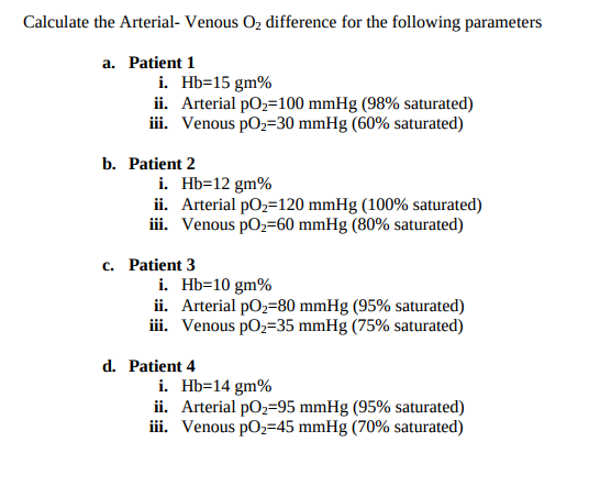 Solved Calculate the Arterial- Venous O_2 difference for the | Chegg.com
