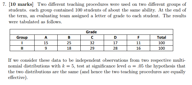 7. [10 marks] Two different teaching procedures were | Chegg.com