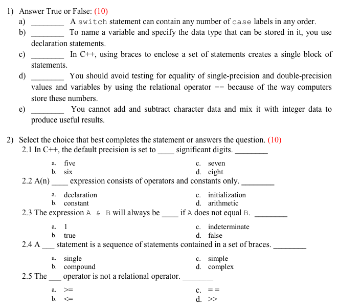 Solved I Answer True Or False 10 A Switch Statement Can