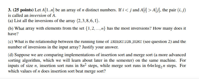 Solved 3 25 Points Let A 1 Be An Array Of N Distinct 