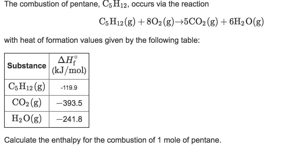 Solved The combustion of pentane, C5 H12, occurs via the | Chegg.com