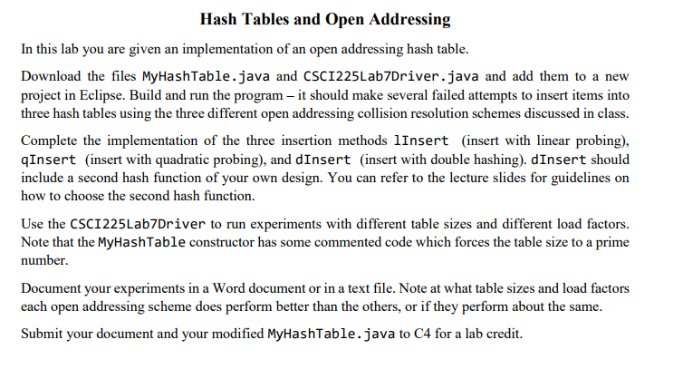 Hash Tables and Open Addressing In this lab you are | Chegg.com