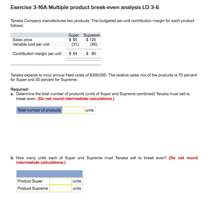 Solved Multiple product break-even analysis LO 3-6 Tanaka | Chegg.com
