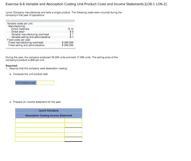 Solved Exercise 6-6 Variable and Absorption Costing Unit | Chegg.com