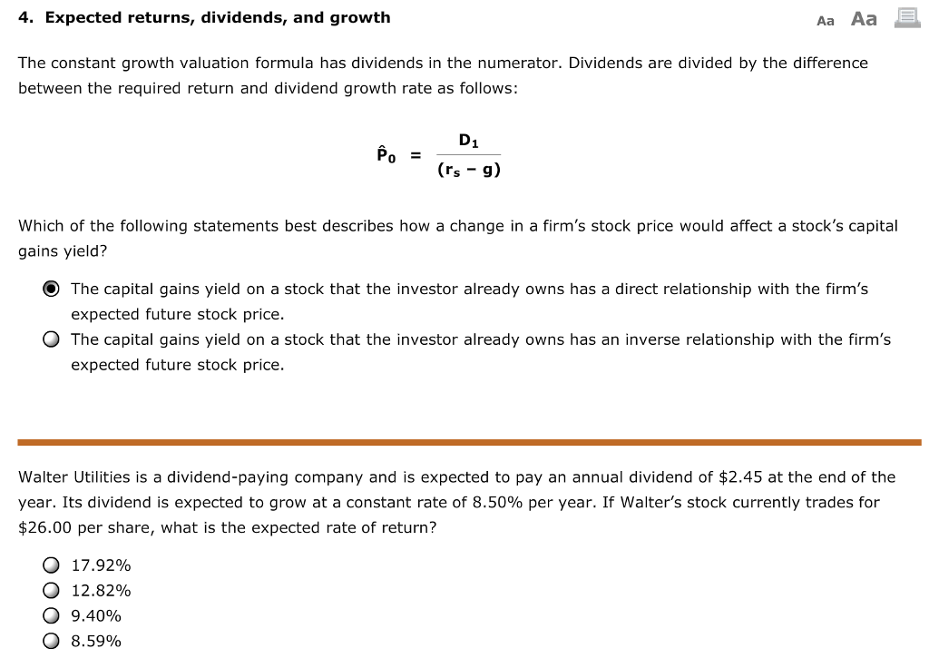 Solved 4. Expected returns, dividends, and growth Aa Aa The | Chegg.com