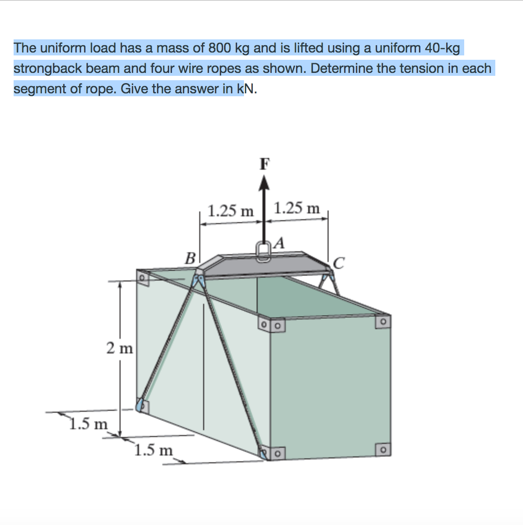 Solved The uniform load has a mass of 800 kg and is lifted | Chegg.com