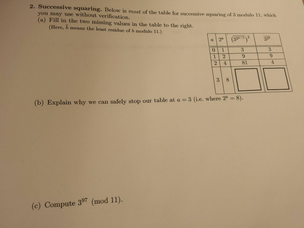 Solved 2. Successive squaring. Below is most of the table | Chegg.com