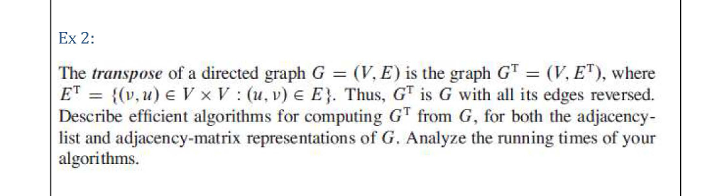 Solved Ex 2: The transpose of a directed graph G = (V, E) is | Chegg.com