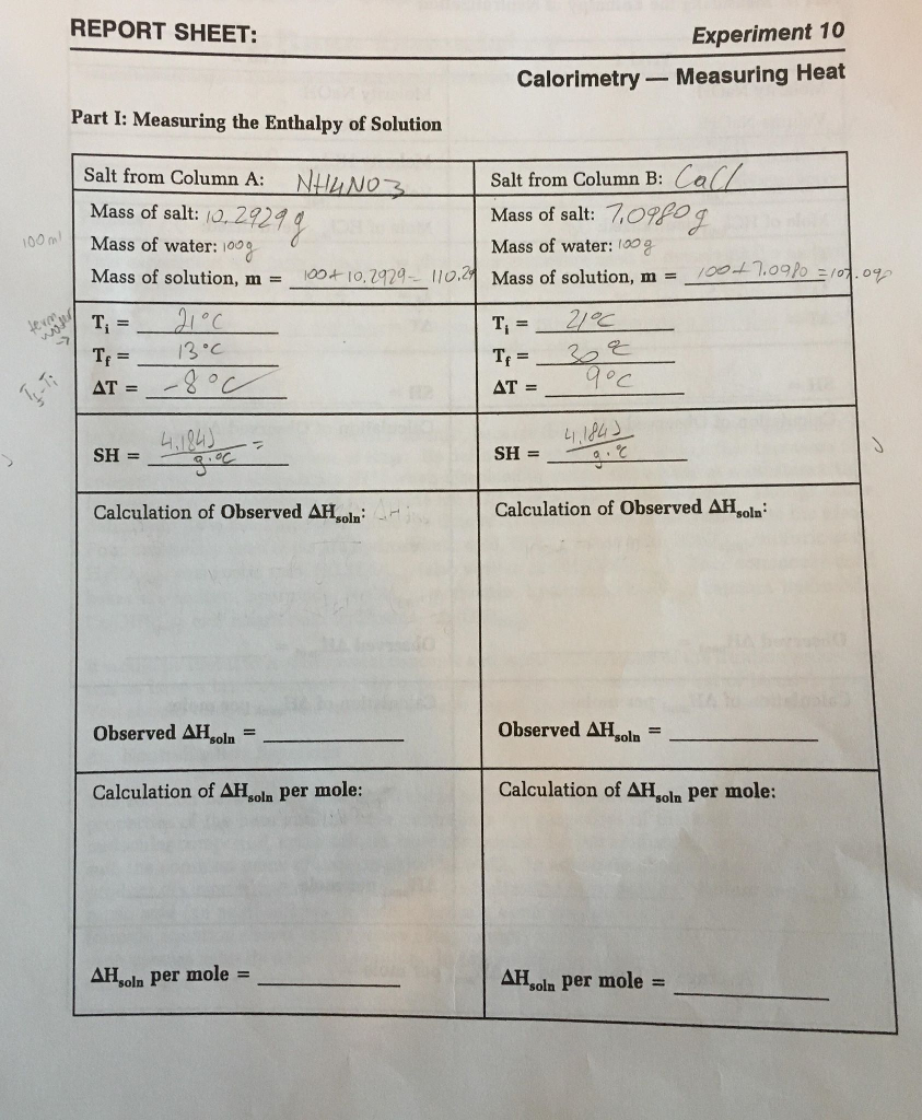 Solved REPORT SHEET: Experiment 10 Calorimetry- Measuring | Chegg.com