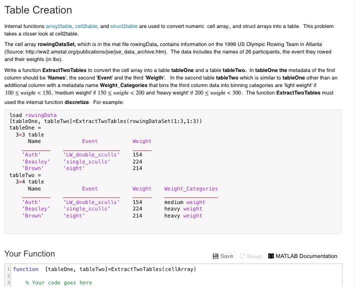 Solved Table Creation Internal functions array2table, | Chegg.com
