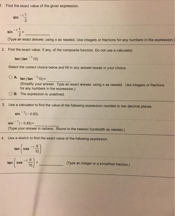 Solved Find the exact value of the given expression. sin^-1 | Chegg.com