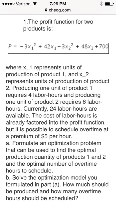 Solved The Profit Function For Two Products Is P 3x 1 2