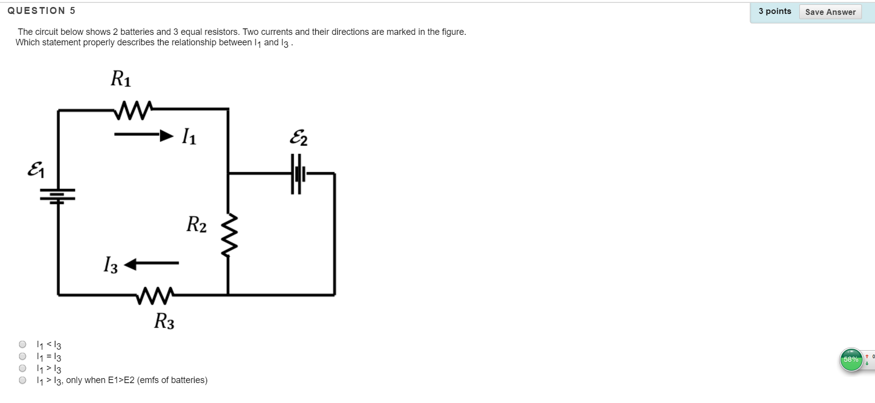 Solved The circuit below shows 2 batteries and 3 equal | Chegg.com