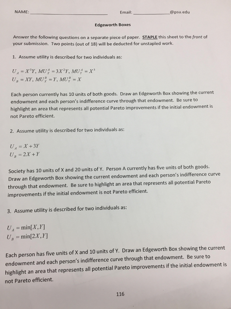 Solved NAME: Email: @psu.edu Edgeworth Boxes Answer the | Chegg.com