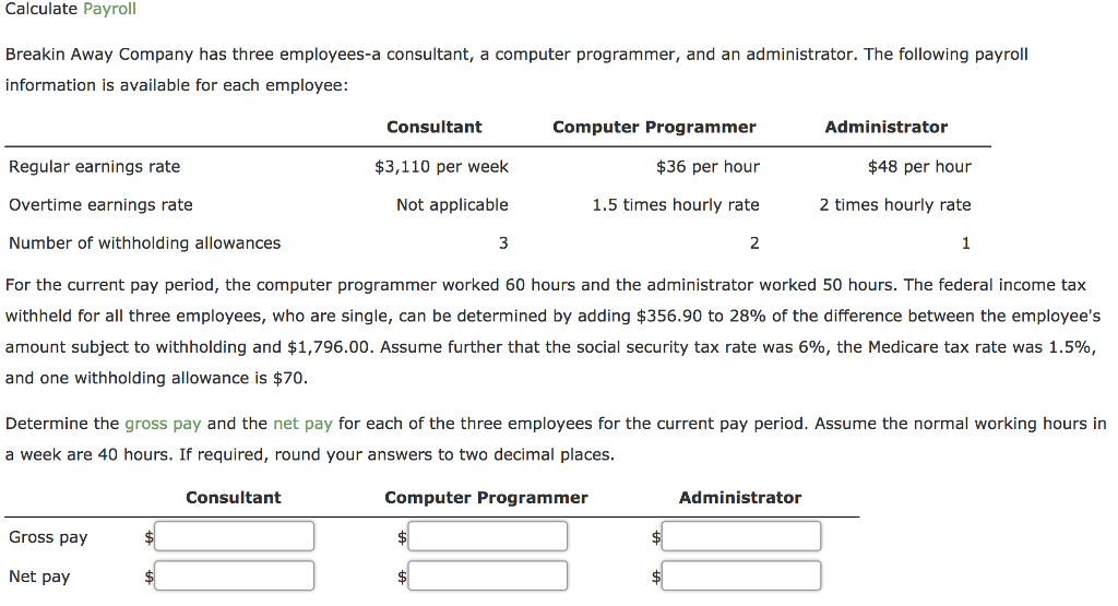 Solved Calculate Payroll Breakin Away Company has three | Chegg.com