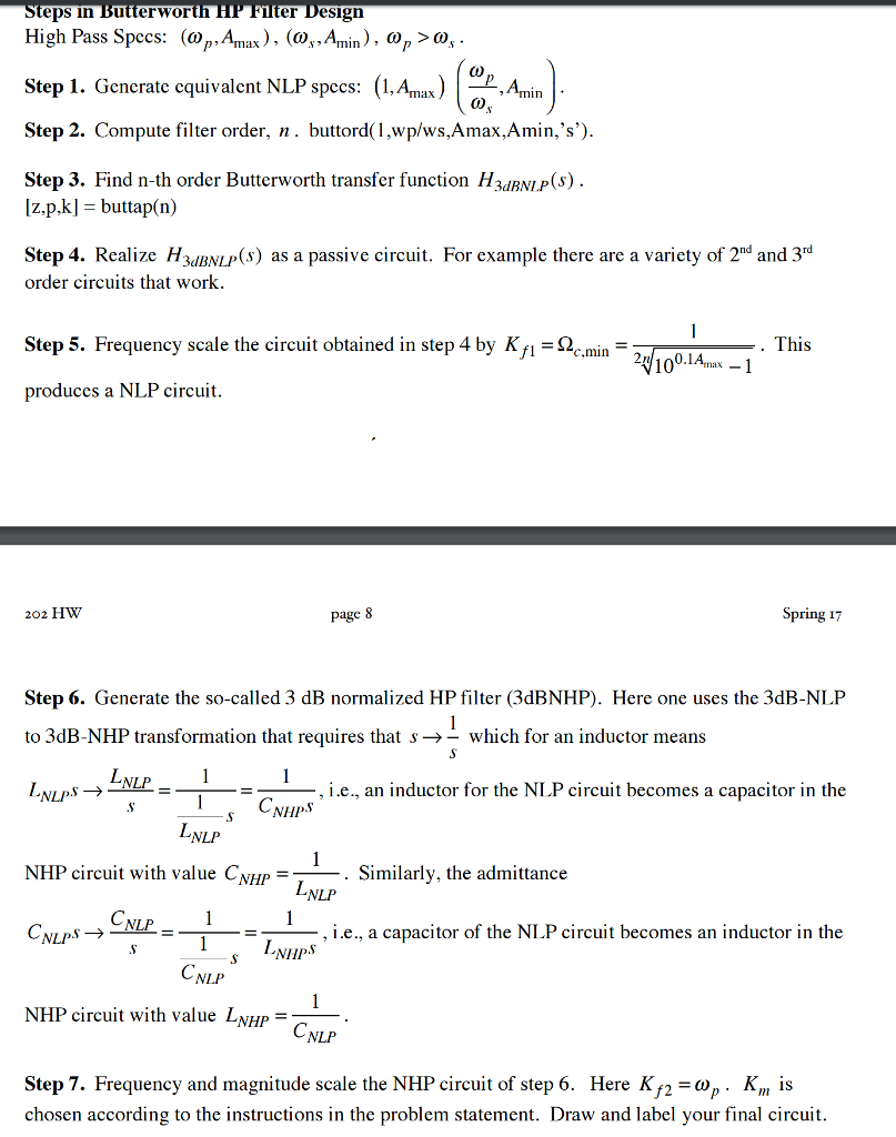 Solved steps un Butterworth HP Filter Design High Pass | Chegg.com