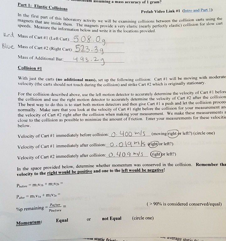 Solved Part 1: Elastic Collisions it assuming a mass | Chegg.com
