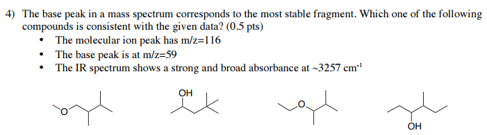 Solved The base peak in a mass spectrum corresponds to the | Chegg.com