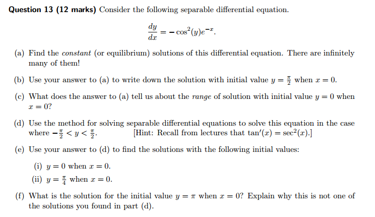 Solved Consider The Following Separable Differential