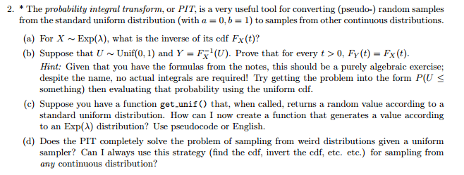 The probability integral transform, or PIT, is a very | Chegg.com