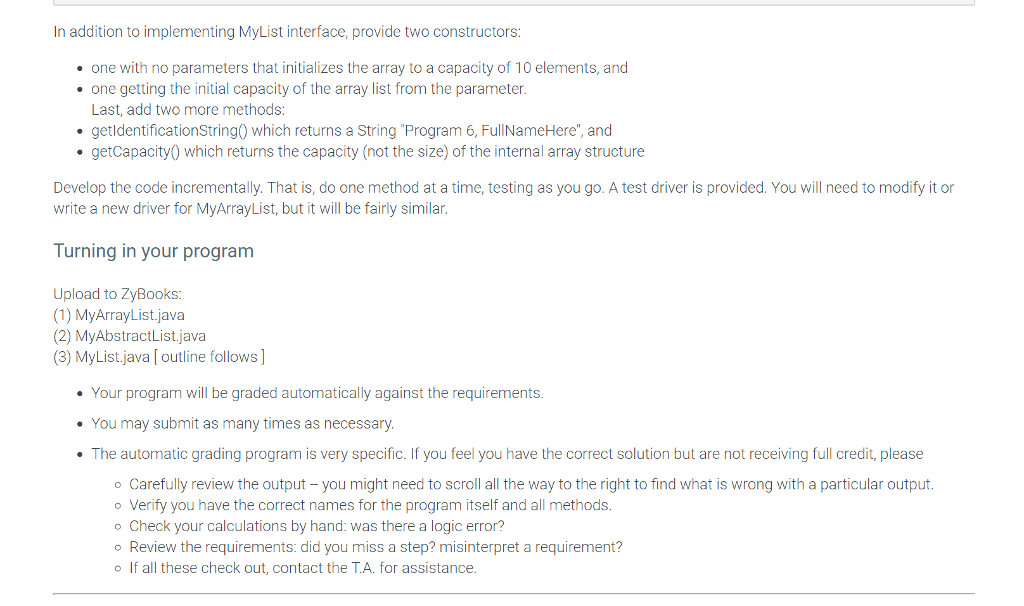 Instructions for MyArrayList Hopefully you were able | Chegg.com