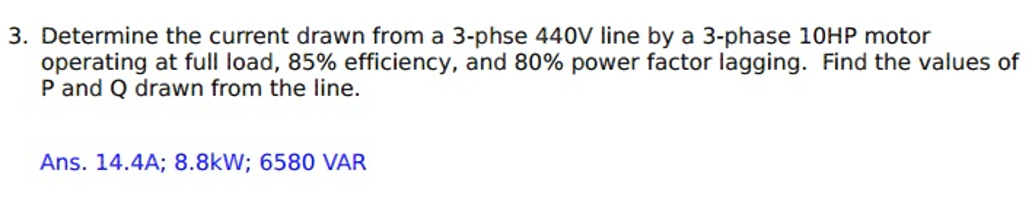Solved Determine the current drawn from a 3-phse 440V line | Chegg.com