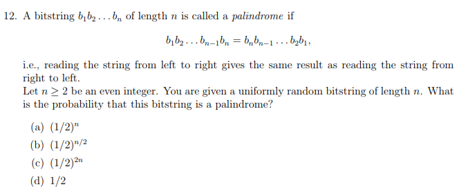 Solved 12. A bitstring bb2...bn of length n is called a | Chegg.com