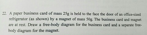 22. A paper business card of mass 25g is held to the | Chegg.com