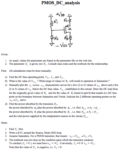 Solved PMOS DC analysis Given: 1. As usual, values for | Chegg.com