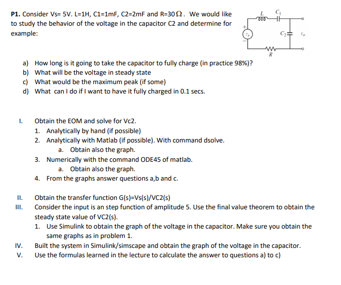Solved P1. Consider Vs 5V. L-1H, C1-1mF, C2-2mF and R-302. | Chegg.com