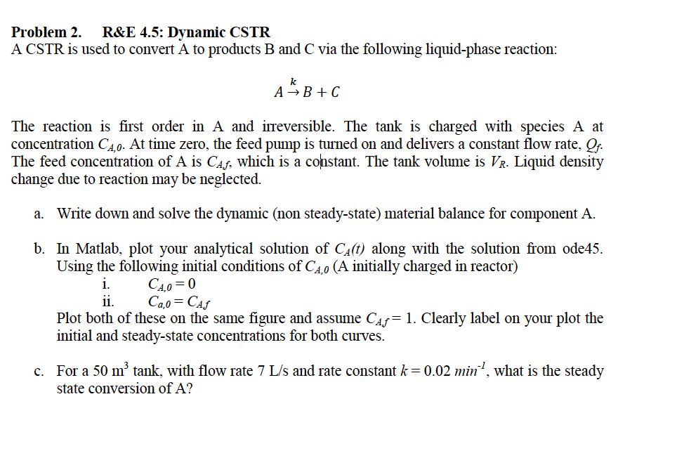 Solved Problem 2. R&E 4.5: Dynamic CSTR A CSTR is used to | Chegg.com