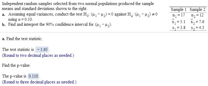Solved Independent random samples selected from two normal | Chegg.com