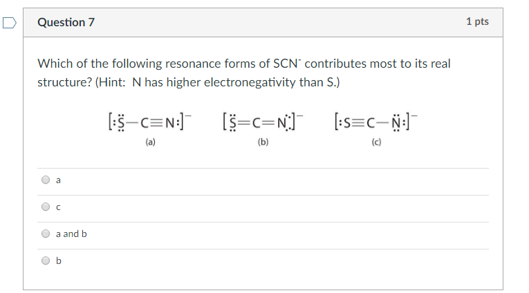 Solved Which of the following resonance forms of SCN^- | Chegg.com